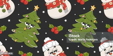 만화 캐릭터와 함께 그루비 크리스마스 완벽 한 패턴 트렌디 한 7080 년대 스타일의 크리스마스 트리와 눈사람 복고풍 배경입니다 0명에 대한 스톡 벡터 아트 및 기타 이미지