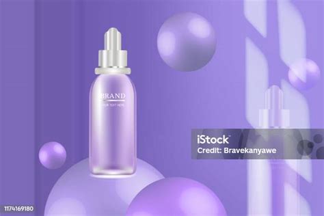 뷰티 제품 광고 디자인 콜라겐 용액 광고 배경이있는 보라색 화장품 용기 고급 스킨 케어 배너 일러스트 벡터 개념에 대한 스톡 벡터 아트 및 기타 이미지 Istock
