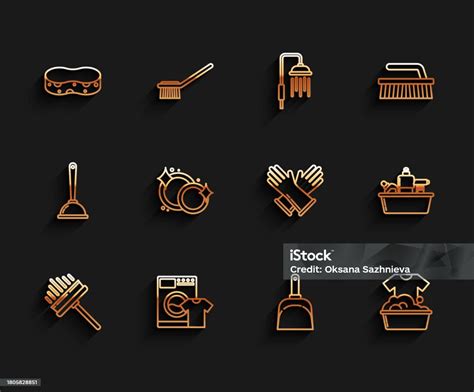 세트 라인 스퀴지 스크레이퍼 와이퍼 세탁기 및 티셔츠 스폰지 쓰레받기 비누 거품이 있는 플라스틱 대야 설거지 액체 식기 세척액 병 및 고무 장갑 아이콘 벡터 T 셔츠에 대한