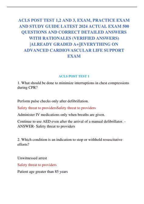 ACLS POST TEST 1 2 AND 3 EXAM PRACTICE EXAM AND STUDY GUIDE LATEST 2024 ACTUAL EXAM 500
