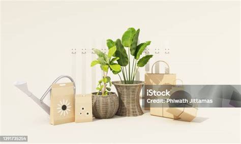 원예 도구 및 물을 뿌린 꽃 식물 냄비는 종자 패키지 판지 상자 쇼핑백으로 할 수 있습니다 흰색 배경에 온라인 정원 상점 사실적인 3d 렌더링 일러스트 레이 션 3차원