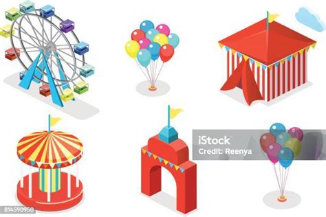 등각 투영 평면 3d 도시 배너 Carousels와 격리 놀이 공원 등측투영법에 대한 스톡 벡터 아트 및 기타 이미지 등측투영법 풍선 3차원 형태 Istock