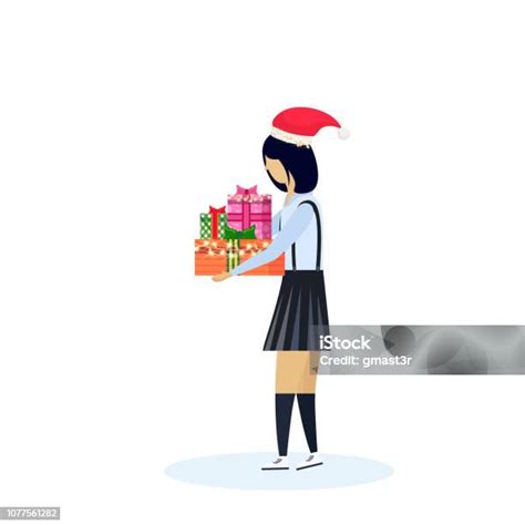 아시아 여자 선물 상자 해피 뉴 메리 크리스마스 개념 여성 만화 캐릭터 프로필 전체 길이 격리를 들고 모자를 쓰고 12월에 대한