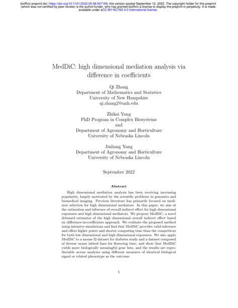 Pdf Meddic High Dimensional Mediation Analysis Via Difference In