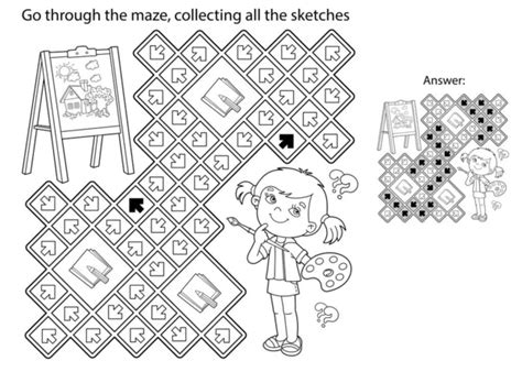 Мэйз Лабиринт Гейм Головоломка Окраска Страницы Контур Рисунка Девушки Кистью Стоковый вектор