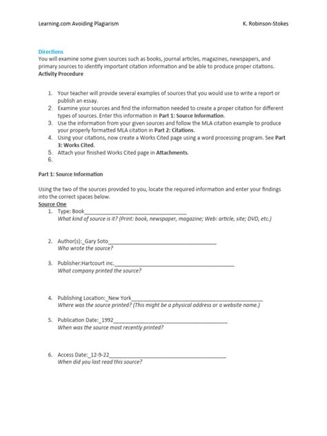 Avoiding Plagiarism Student Worksheet Pdf Citation Newspapers