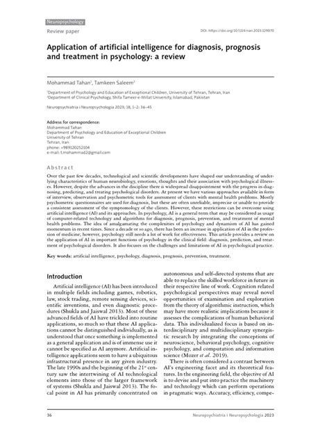 Application Of Artificial Intelligence For Diagnosis Prognosis Pdf Mental Disorder Psychology