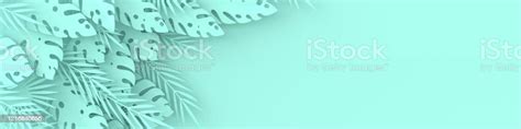 열대 종이 손바닥 몬스터 잎 프레임 여름 열대 잎입니다 종이 접기 이국적인 하와이 정글 여름 배경입니다 종이 컷 스타일입니다 3d 렌더링 수평 배너 0명에 대한 스톡 사진