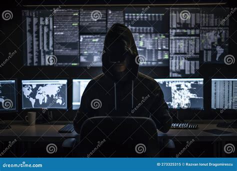 Hacker Dressed In A Hoodie Sitting In A Dark Room Surrounded By Monitors Coding Malicious