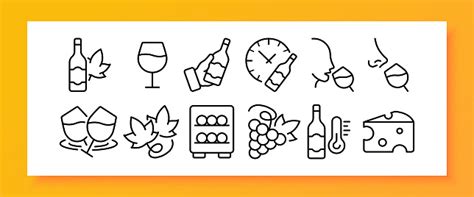 와인 세트 아이콘입니다 포도 잎 유리 노화 시간 시계 시음 냄새 지하실 저장 온도 치즈 조건 시계 레스토랑 개념 비즈니스 및 광고에 대한 벡터 라인 아이콘 와인에 대한 스톡