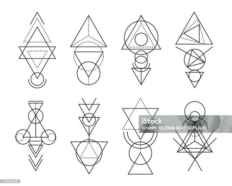 신성한 기하학 선형 모양 집합입니다 마법적이고 신비로운 장식품 장식 요소 낙서 개요 난해한 0명에 대한 스톡 벡터 아트 및 기타