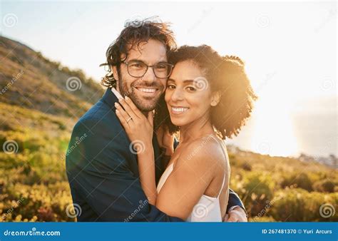 Portrait Wedding Couple And Interracial Marriage Hug In Nature Happy And Excited While