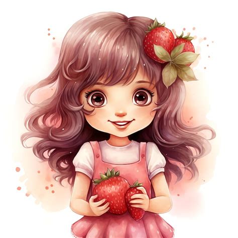 Premium Ai Image Watercolor Strawberry Cute Full Body Smiling Little
