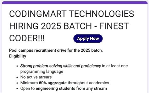 Codingmart Technologies Hiring 2025 Batch Finest Coder Fresher Job List