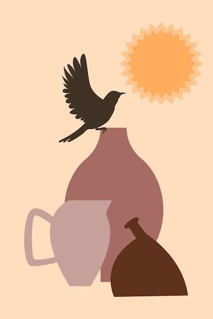 꽃병 패턴 배경에 잎 보육 벽 장식에 대한 추상 Boho 미니멀 꽃병 그림 프리미엄 벡터