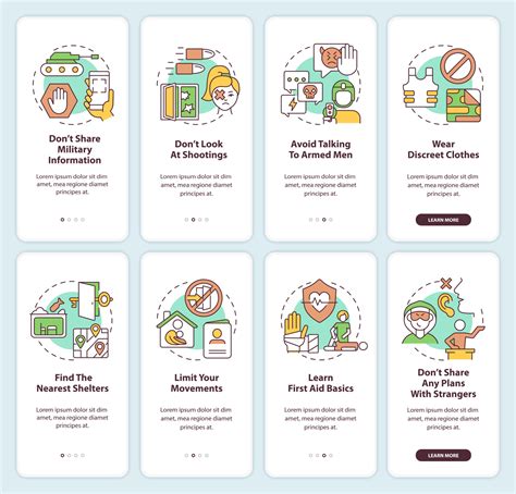 Actions During Military Conflict Onboarding Mobile App Screen Set Safety Walkthrough 4 Steps