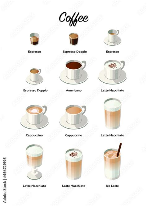 Vector Illustration Of Isometric Cups With Different Types Of Coffee