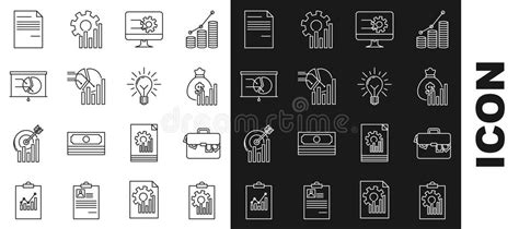Set Line Clipboard With Graph Chart Briefcase And Money Money Bag Diagram Computer Monitor