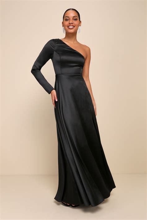 Black Maxi Dress One Shoulder Maxi Dress Long Sleeve Dress Lulus
