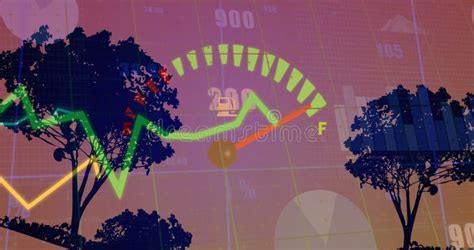 Animation Of Speedometer And Statistical Data Processing Over Silhouette Of Trees Against Sunset