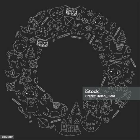 유치원 유치원 보육원 교육 어린이 낙서 패턴 아이 놀이 공부 하는 남자와 여자와 아이 드로잉 아이콘 공간 모험 탐험 상상력 개념 2 3 살에 대한 스톡 벡터 아트 및 기타