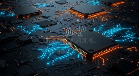 Explore The Intricate Details Of A Circuit Board With Illuminated Chips And Wires Stock
