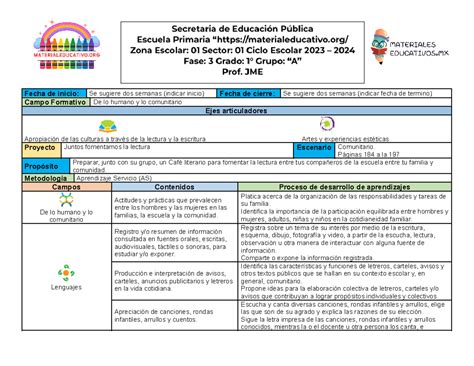 Planeación 1er Grado Proyecto Juntos Fomentamos La Lectura 2023 2024