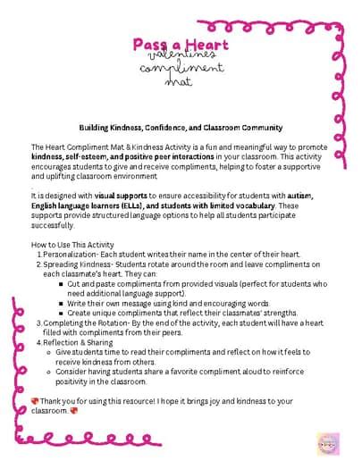 Pass A Heart Compliment Mats By Unique Achievers Edu Tpt