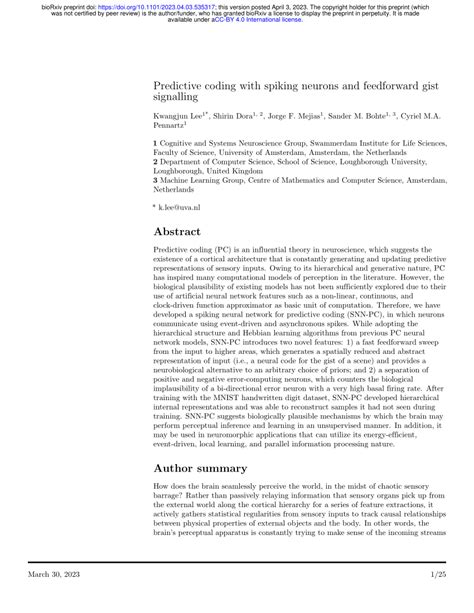 Pdf Predictive Coding With Spiking Neurons And Feedforward Gist Signalling