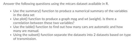 solved answer the following questions using the mtcars