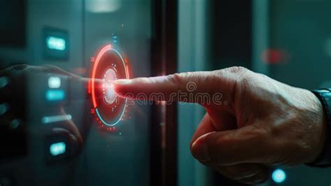 Hand Pointing At Futuristic Digital Interface With Glowing Holographic Elements Stock Image