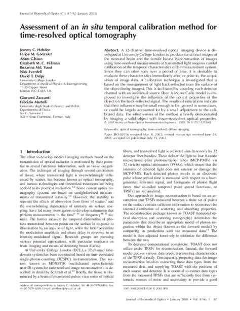 Pdf Assessment Of An In Situ Temporal Calibration Method For Time Resolved Optical Tomography