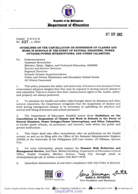 Deped Order 37 Series Of 2022 Suspension Of Classes Due To Disasters