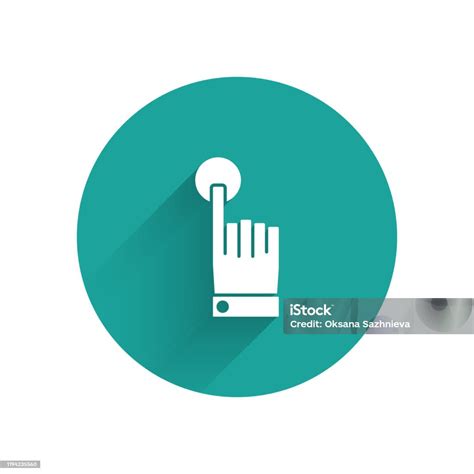 긴 그림자로 격리 된 화이트 핸드 터치 및 탭 제스처 아이콘 여기 손가락 터치 포인터 커서 마우스 기호 녹색 원 버튼입니다 벡터