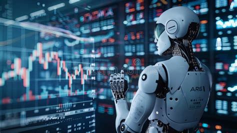 Humanoid Robot Analyzing Stock Market Data For Business Automation Stock Illustration