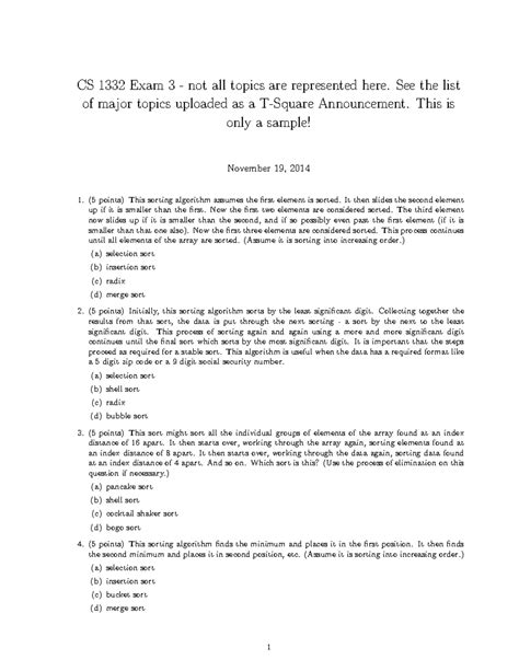 Exam 3 Practice Problems Fa14 Cs 1332 Exam 3 Not All Topics Are Represented Here See The