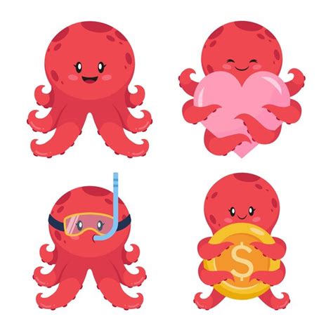 Free Vector Set Of Cute Hand Drawn Octopuses Smiling Holding Heart