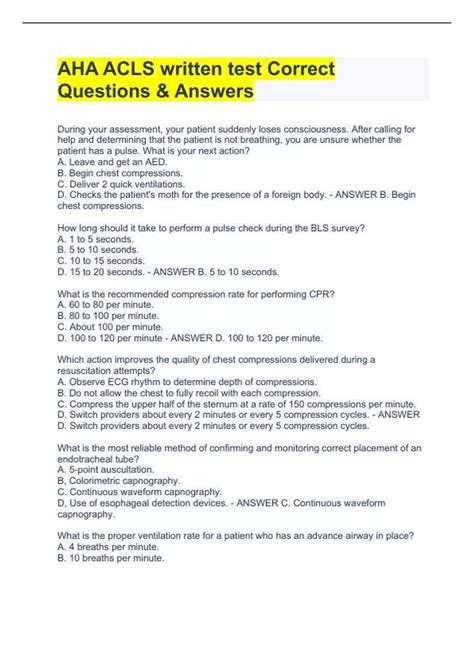 Aha Acls Written Test Correct Questions And Answers Aha Acls Stuvia Us