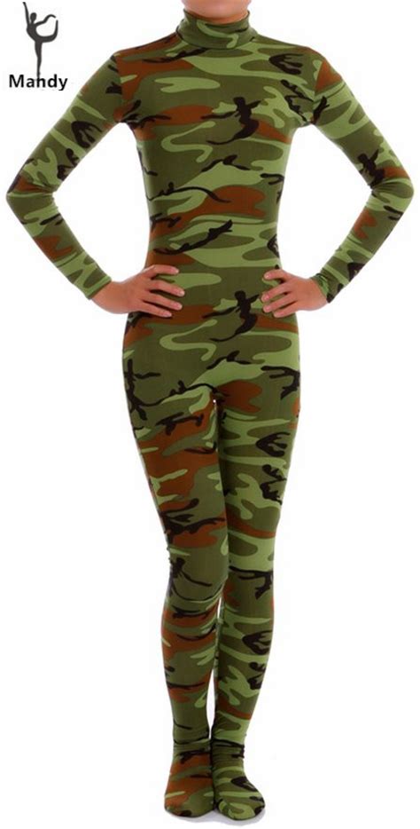 Camo Green Girls Lycra Spandex Zentai Fullbody Catsuit Without Hood One Piece Turtleneck Long