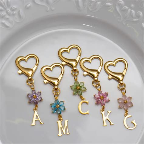Personalized Initial Bag Charm Gold Heart Clip Floral Letter Keychain