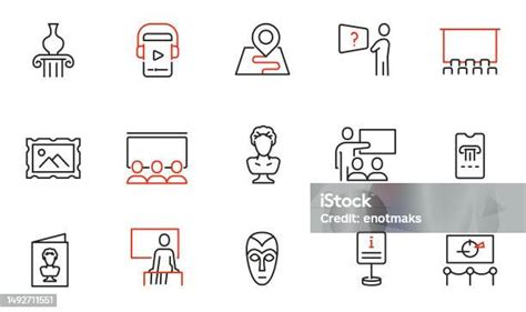 전시회 박물관 및 미술관과 관련된 선형 아이콘의 벡터 집합입니다 모노 라인 픽토그램 및 인포그래픽 디자인 요소 Gallery Opening에 대한 스톡 벡터 아트 및 기타