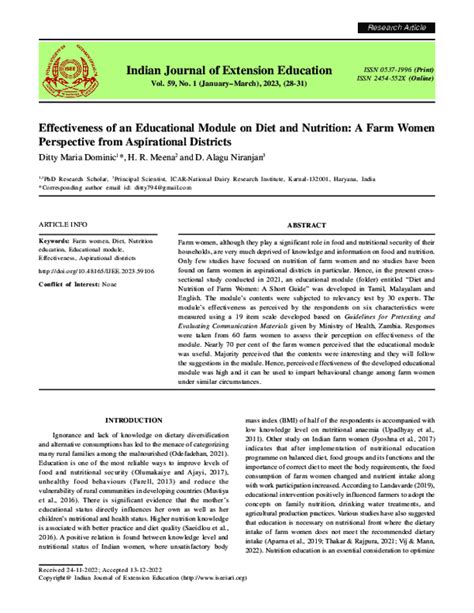 Pdf Effectiveness Of An Educational Module On Diet And Nutrition A Farm Women Perspective
