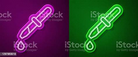 보라색과 녹색 배경에 고립 된 빛나는 네온 라인 파이펫 아이콘 의료 화학 실험실 장비의 요소 드롭 파이펫 의학 기호 벡터 0명에 대한 스톡 벡터 아트 및 기타 이미지