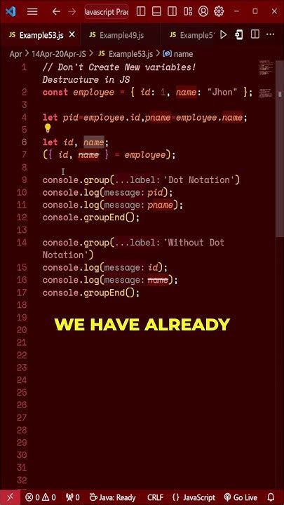 Javascript Destructure Objects Faster Shorts Javascript Ytshorts Interview Vscode Youtube