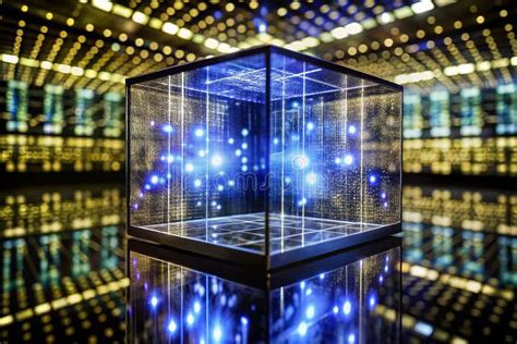 Glass Cube Exhibit Glowing Particles Futuristic Hall Display Stock Illustration