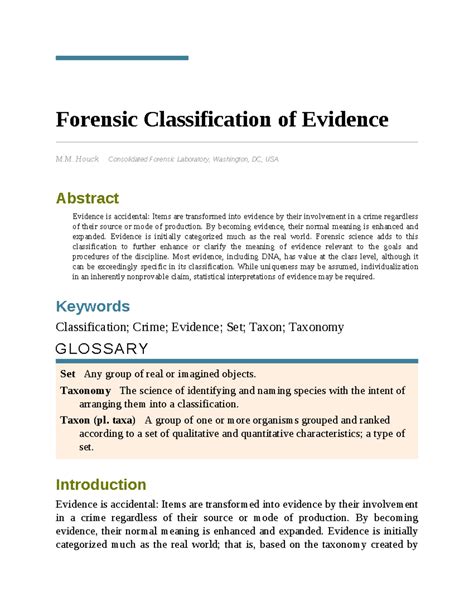 Forensic Classification Of Evidence Houck Consolidated Forensic Laboratory Washington Dc