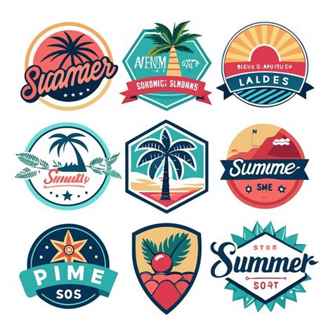 Nine Colorful Summer Themed Logos With Palm Trees Sun And Stars