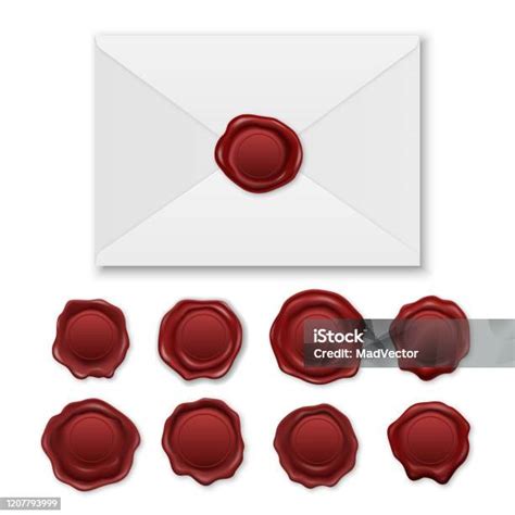 벡터 3d 현실적인 봉투와 빈티지 복고풍 스탬프 왁스 인감 아이콘 설정 닫닫기 흰색 배경에 격리 빨간 밀봉 왁스 또는 우표 인증서 문서 편지 라벨의 디자인 템플릿 봉랍에