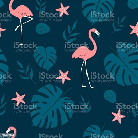 여름 패턴 플라밍고 열대 잎 및 불가사리와 같은 여름 상징이있는 벡터 이음새가 낙서 스타일로 제공됩니다 0명에 대한 스톡 벡터