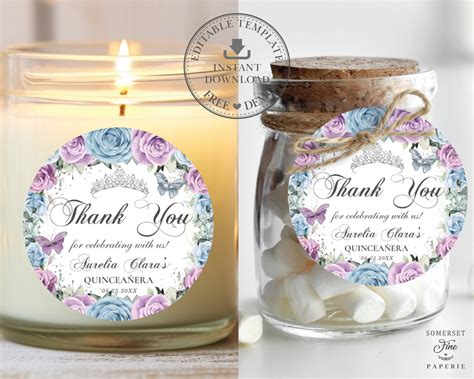 EDITABLE TEMPLATE Round Favor Labels Baby Blue Purple Lilac Floral Butterflies Quinceañera